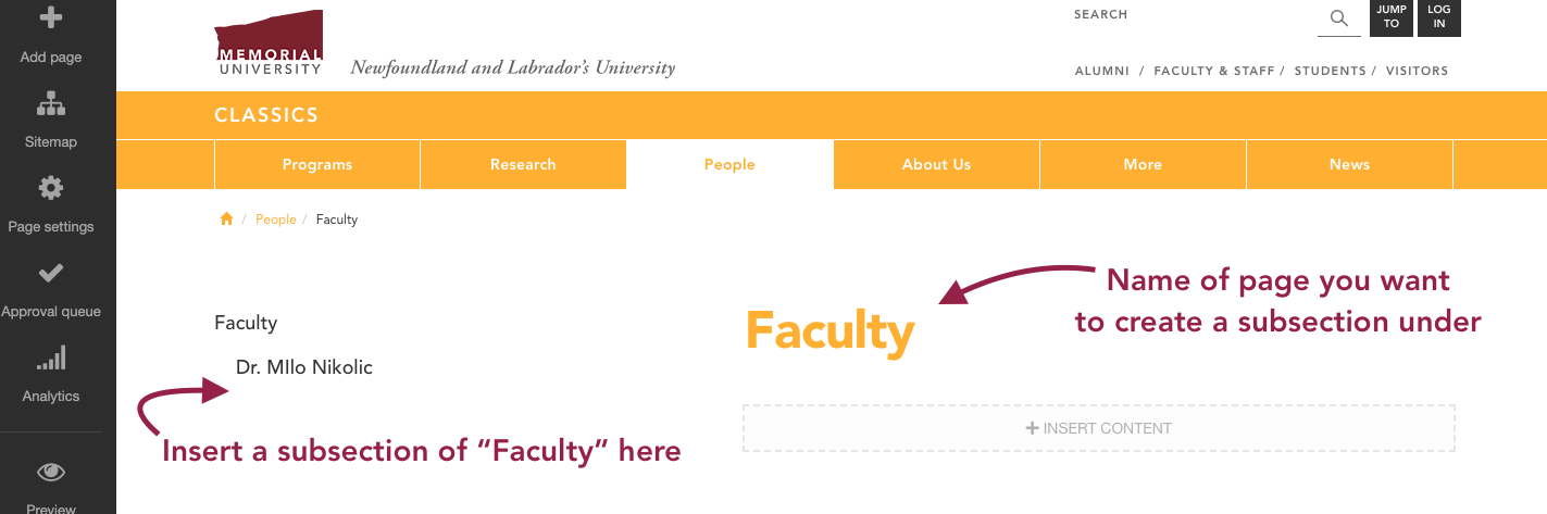 Create a new subsection under a left-hand link | Terminalfour (T4) User ...