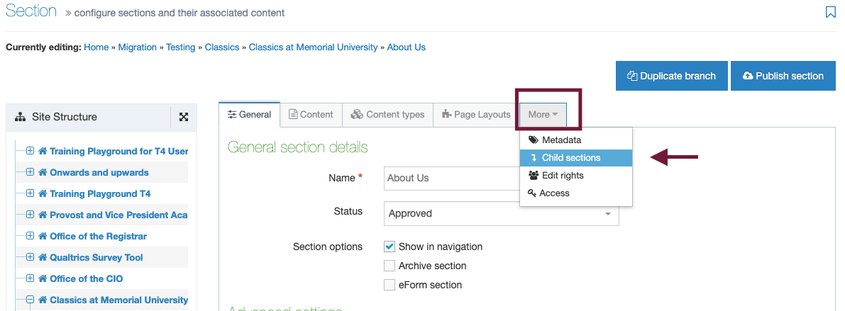 What is a child section? | Terminalfour (T4) User Guide | Memorial ...