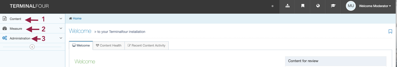 Left-hand menu area | Terminalfour (T4) User Guide | Memorial ...