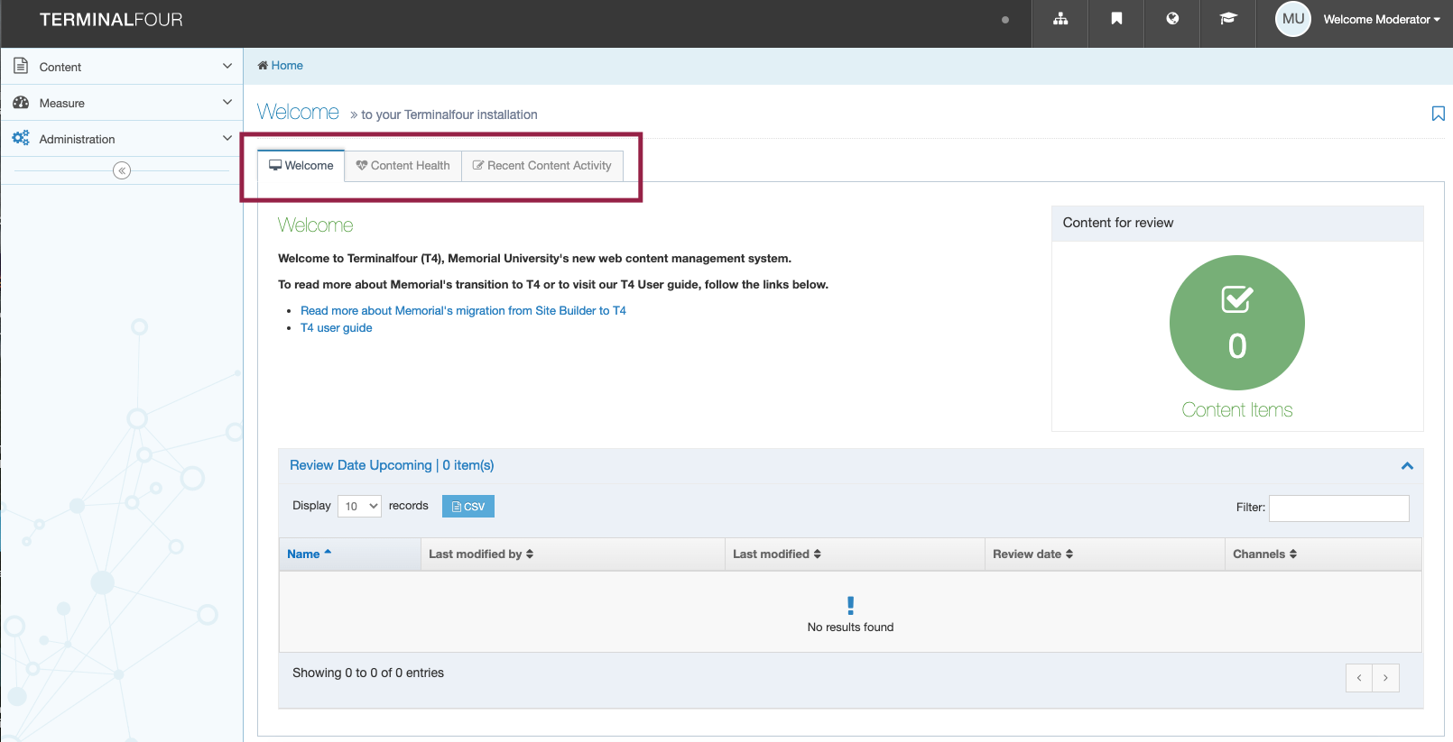 Dashboard tabs | Terminalfour (T4) User Guide | Memorial University of ...